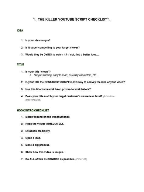 Killer Youtube Script Checklist Pdf