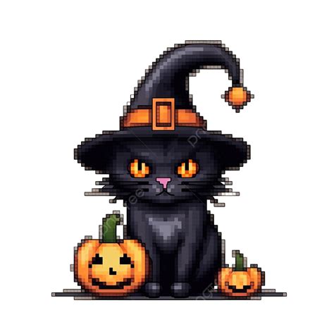 Halloween Pixel Black Cat Wearing Witch Hat With Pumpkin 8bit Cat Art Pixel Design Png