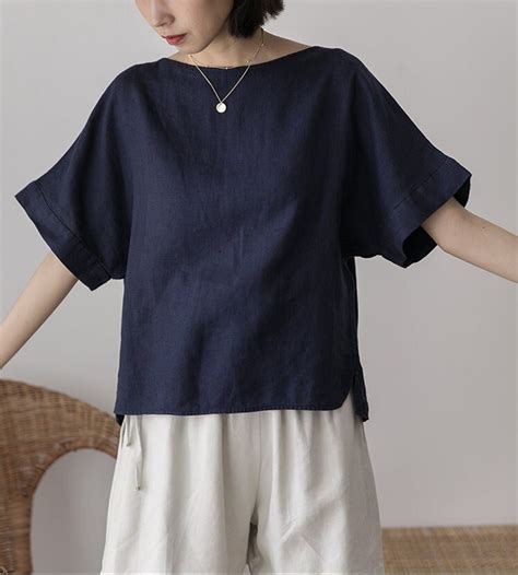 Womens Linen Tops Linen Short Sleeve Tops Loose Summer Linen Blouses
