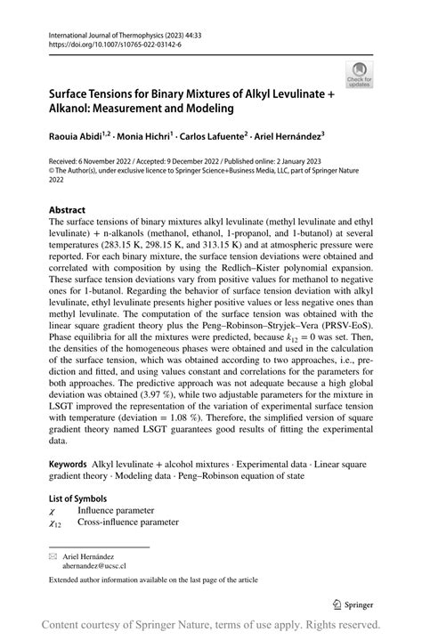 surface tensions for binary mixtures of alkyl levulinate alkanol