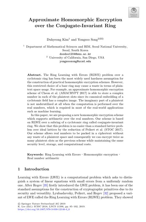 Pdf Approximate Homomorphic Encryption Over The Conjugate Invariant Ring 21st International