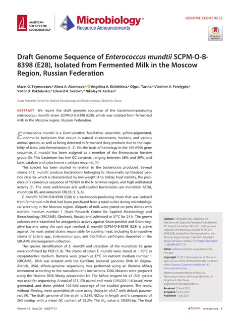 Pdf Draft Genome Sequence Of Enterococcus Mundtii Scpm O B 8398 E28