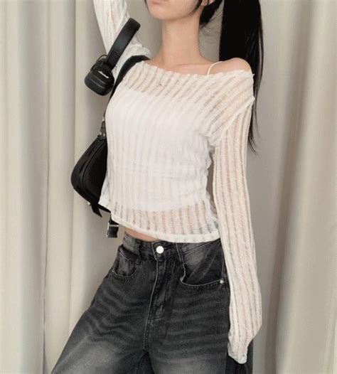 오늘출발🚀 햇빛차단 여름까지 두잉 데미지 시스루 보트넥 오프숄더 백리본 레이어드 크롭 긴팔 니트 티셔츠 4color