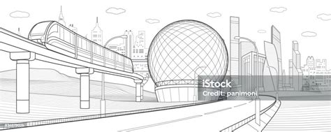 도시 인프라 및 전송 그림입니다 모노레일 철도입니다 기차 다리 위로 이동 합니다 구형 건물입니다 현대 도시입니다 타워와 고층 빌딩 흰색 바탕에 검은색 라인입니다 벡터 디자인