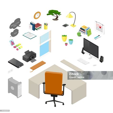 벡터 격리 아이소메트릭 사무실 개체 및 가구 평면 스타일의 상세한 3d 인포그래픽 3차원 형태에 대한 스톡 벡터 아트 및 기타 이미지 3차원 형태 가구 가정의 방