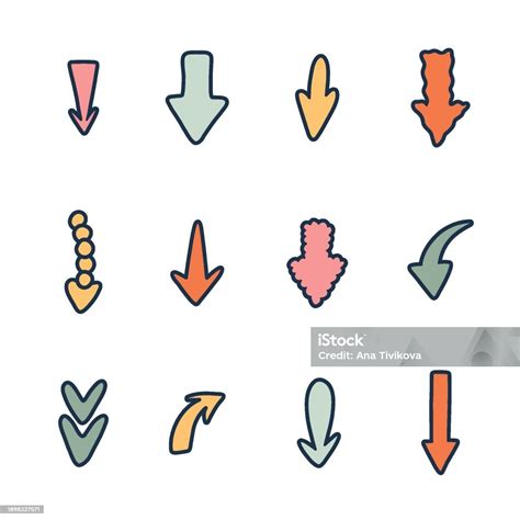 귀여운 손으로 그린 화살표가 낙서 플랫 스타일로 설정되어 있습니다 다양한 모양의 윤곽선이 있는 대담하고 펑키한 화살표 모음입니다 비즈니스 화살표 아이콘에 대 한 웹 배너