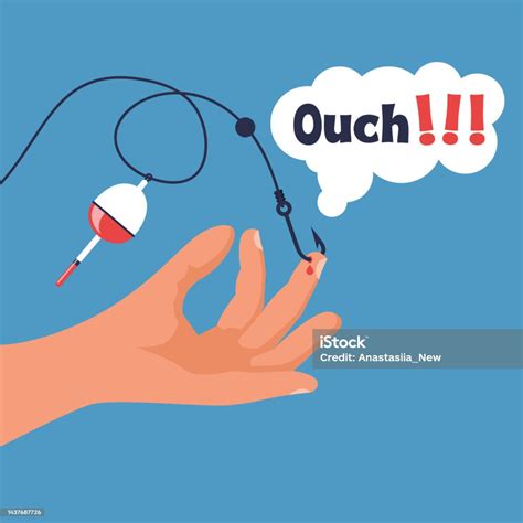 손가락에 걸린 후크 남자는 낚싯바늘로 손가락을 찔렀다 낚시바늘에 대한 스톡 벡터 아트 및 기타 이미지 낚시바늘 부상 건강 진단 Istock