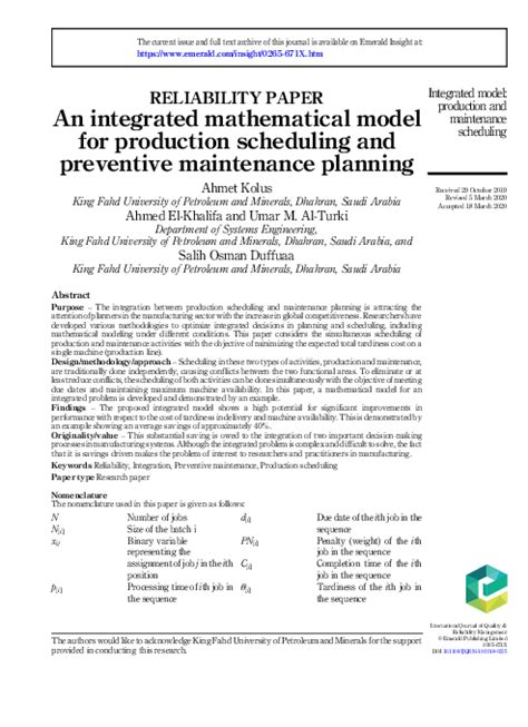 Pdf An Integrated Mathematical Model For Production Scheduling And Preventive Maintenance Planning