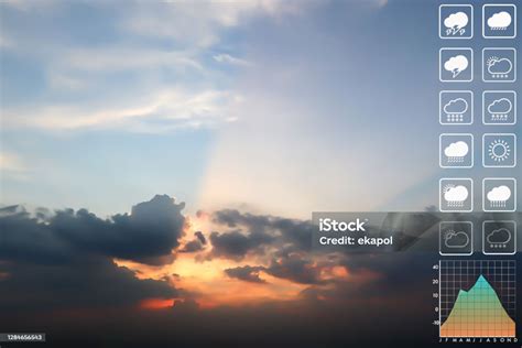 기상 예보 배경에 대한 다채로운 황혼 열대 여름 하늘의 극적인 대기 파노라마보기에 그래프와 차트와 일기 예보 기호 데이터 프리젠