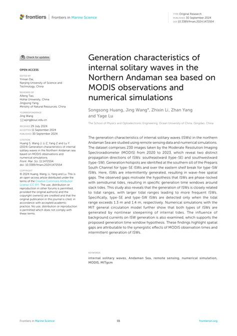 Pdf Generation Characteristics Of Internal Solitary Waves In The Northern Andaman Sea Based On