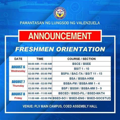 Plv Schedule Of Freshmen Orientation August 6 8 2025 Plv Main