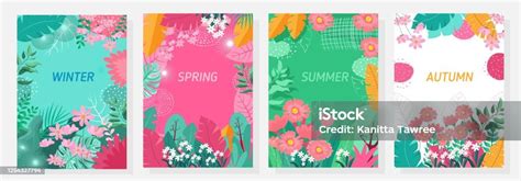 벡터 세트 꽃 배경 자연 배경 사계절 템플릿 배너 표지 템플릿 엽서 가을에 대한 스톡 벡터 아트 및 기타 이미지 가을 겨울 계절 Istock