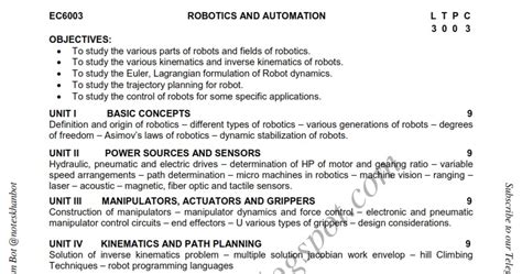 Ec6003 Robotics And Automation Syllabus Semester Vi Ece Be Anna