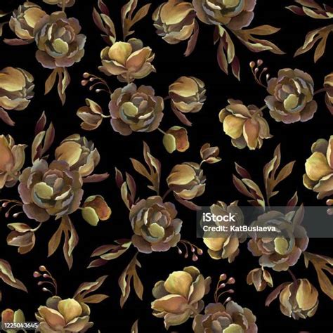 검은 배경에 갈색과 노란색 꽃과 잎의 원활한 패턴 오래된 스타일의 마른 모란 드로잉 갈색에 대한 스톡 벡터 아트 및 기타 이미지 갈색 검은색 고풍스런 Istock