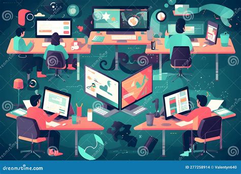 Man Sitting At Desk In Front Of Computer Monitor And Two Monitors Generative Ai Stock