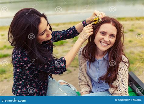 Two Pretty Sisters Girls Having Fun Together Field Flowers In Hair