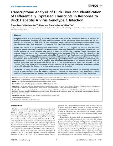 Pdf Transcriptome Analysis Of Duck Liver And Identification Of Differentially Expressed