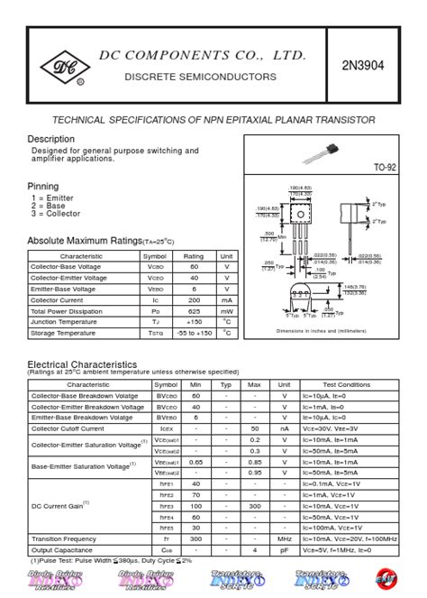 2n3904 Datasheet Npn Epitaxial Planar Transistor Dc Components