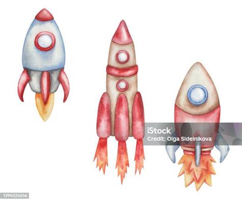 우주 공간에서 날아 다니는 손으로 그린 로켓의 수채화 그림 빨간색 파란색 베이지 색 색상의 우주선 기술 불이 붙은 우주선 0명에 대한 스톡 벡터 아트 및 기타 이미지