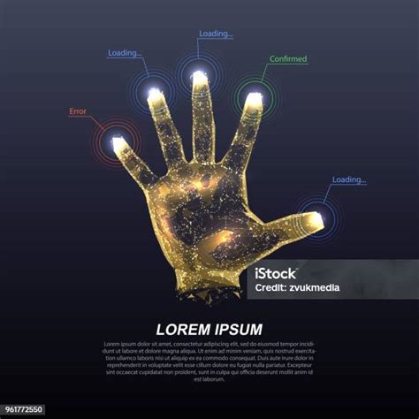 홀로그램 라인과 포인트의 손입니다 손가락을 스캔 개인 식별입니다 손바닥에 대한 스톡 벡터 아트 및 기타 이미지 손바닥 손 디지털 생성 이미지 Istock