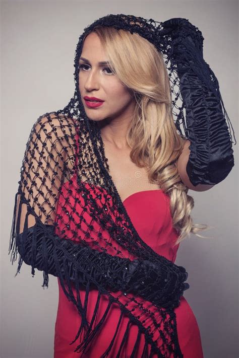 Young Blonde In Red Dress Black See Through Scarf Stock Image Image