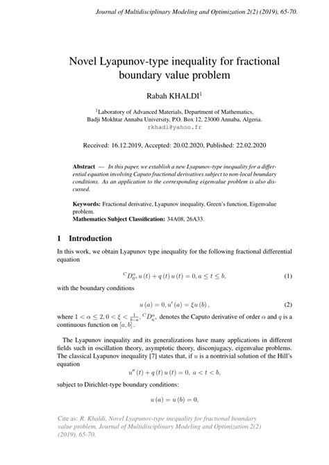 Pdf Novel Lyapunov Type Inequality For Fractional Boundary Value Problem