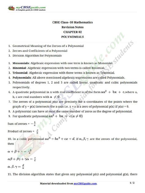 10 Maths Key Notes Ch 02 Polynomials Pdf