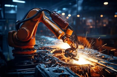 Premium Ai Image Robotic Arm Welding In An Industrial Plant Generative Ai