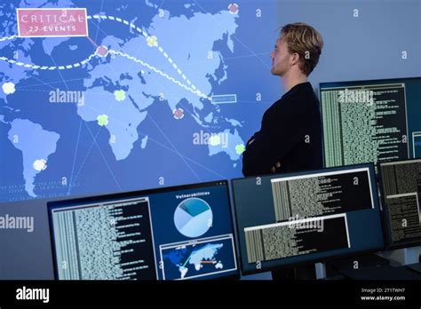 Back View In The Cyber Security Control Center Operator Working