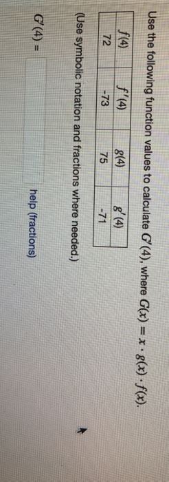 solved use the following function values to calculate g 4
