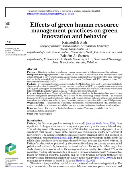 Pdf Effects Of Green Human Resource Management Practices On Green Innovation And Behavior