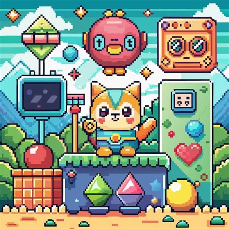 Cute Pixelated Character Standing In Front Of A Retro Game Console With Colorful Pixelated