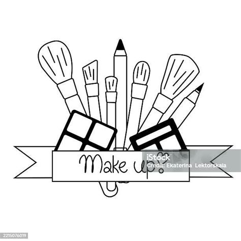 화장품 패션 메이크업 배너 브러시 파우더 팔레트 립스틱 아이 펜슬 구성 벡터 그래픽 라인 그림입니다 흑인과 백인 귀여운 화장품 메이크업 아트 개체 그룹에 대한 스톡 벡터