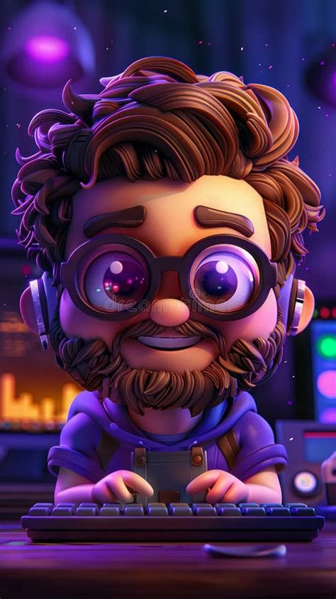 Cute Cartoon Character With Beard And Glasses A Fantasy 3d Illustration Of A Programmer At A