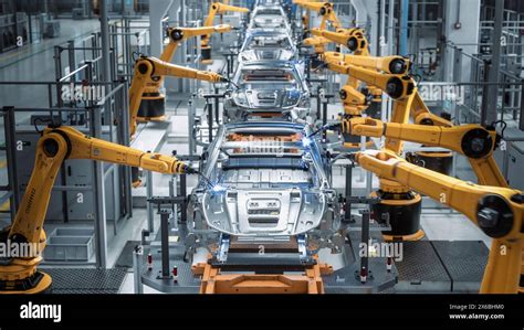 Car Factory 3d Concept Automated Robot Arm Assembly Line Manufacturing High Tech Green Energy
