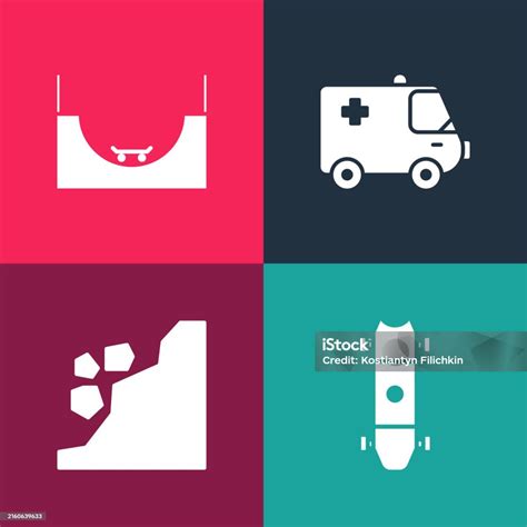 팝 아트 롱 보드 또는 스케이트 보드 산사태 구급차 응급 차량 및 스케이트 공원 아이콘을 설정합니다 벡터 건강 진단에 대한 스톡 벡터 아트 및 기타 이미지 Istock