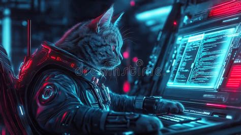 Cute Cat In A Cyber Suit Programming On A Computer Stock Illustration