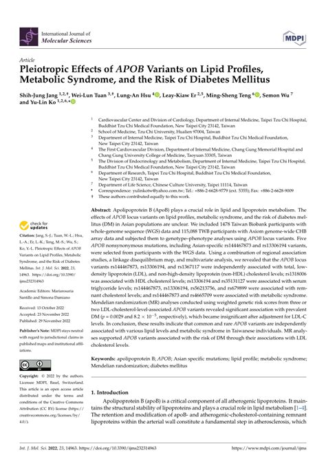 Pdf Pleiotropic Effects Of Apob Variants On Lipid Profiles Metabolic Syndrome And The Risk
