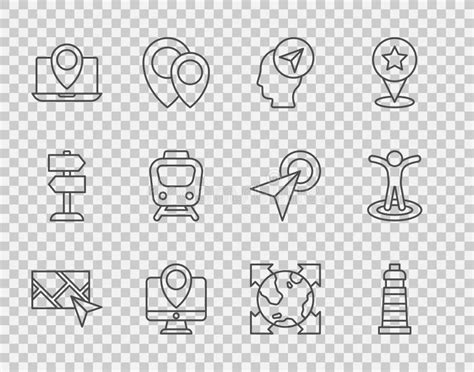 Set Line City Map Navigation Lighthouse Location With Person Monitor Location Marker Laptop