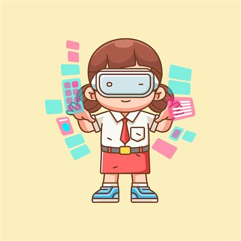Cute Elementary School Girl Interact Virtual Reality Glasses Vr Kawaii Chibi Character Mascot