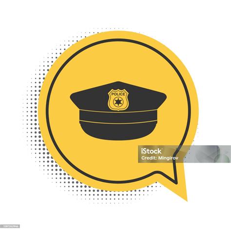 흰색 배경에 고립 된 앵무새 아이콘과 검은 경찰 모자 경찰 모자 표지판 노란색 음성 버블 기호입니다 벡터 검은색에 대한 스톡 벡터 아트 및 기타 이미지 Istock