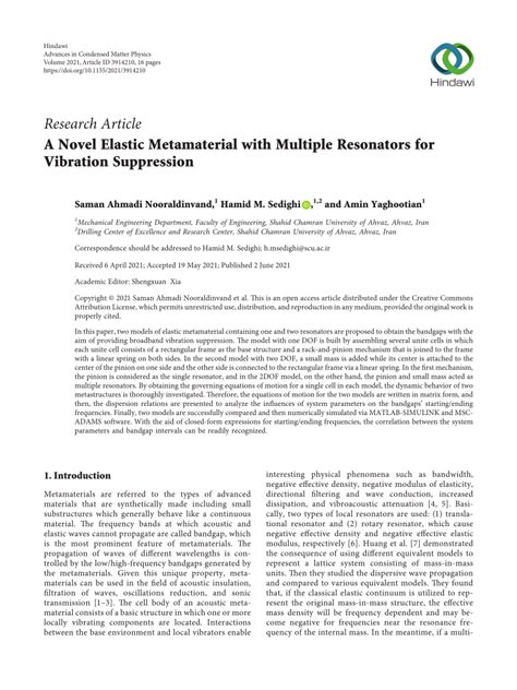 Pdf A Novel Elastic Metamaterial With Multiple Resonators For Vibration Suppression
