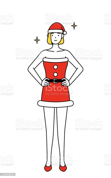 엉덩이에 손을 얹고 산타클로스 옷을 입은 여성의 간단한 선 그리기 그림 12월에 대한 스톡 벡터 아트 및 기타 이미지 12월
