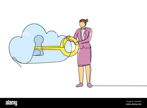 Continuous One Line Drawing Businesswoman Put Key Into Cloud Digital Cloud System Storage