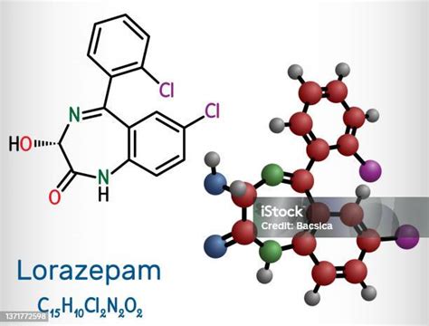 로라제팜 분자 그것은 진정 제와 벤조디아제핀 완화 속성 공황 장애를 치료 하는 데 사용 심한 불안 발작 구조 화학 공식 분자