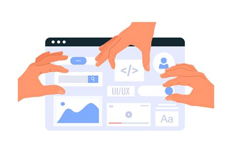 레이아웃 웹 사이트 또는 모바일 응용 프로그램에서 작업하는 인간의 손 Ui Ux 디자인 흰색 배경에 분리된 벡터 평면 그림입니다
