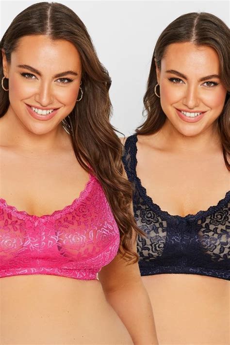 2 Pack Hot Pink And Navy Blue Lace Non Padded Non Wired Floral Bras