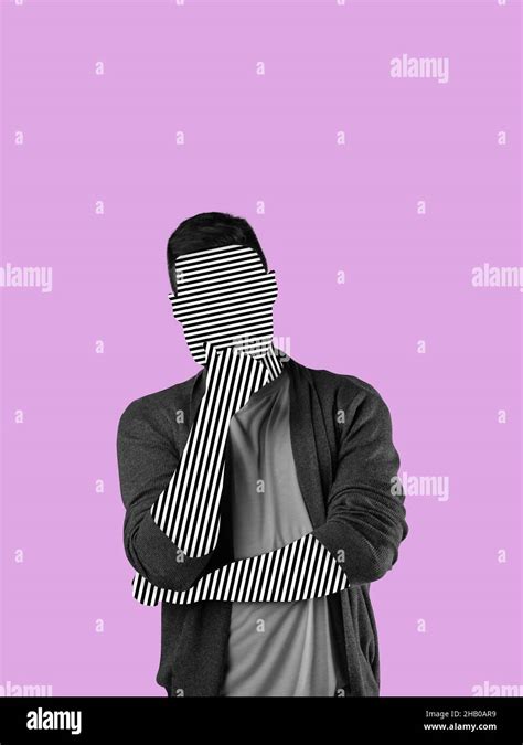Contemporary Art Collage Of Man With Faceless Part Isolated Over Pink