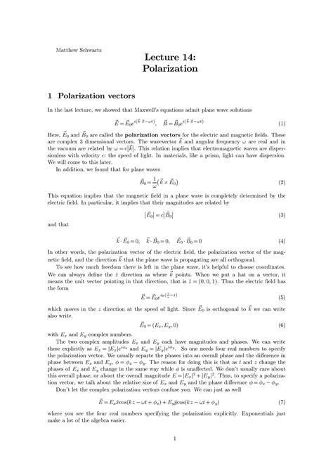 Polarization And Lazer Lecture Notes Matthew Schwartz Lecture 14
