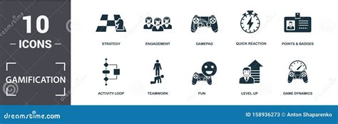 Gamification Icon Set Contain Filled Flat Game Dynamics Engagement Gamepad Points And Badges
